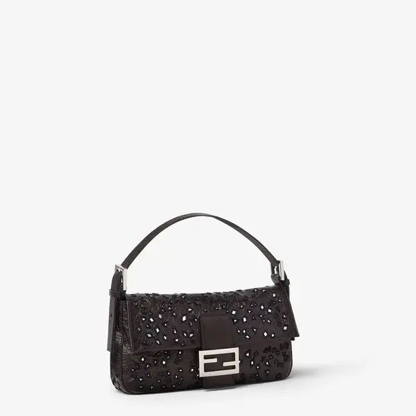 Fendi Baguette® 26424 Crackled Black Leather Bag With Wedge-shaped Mirrors